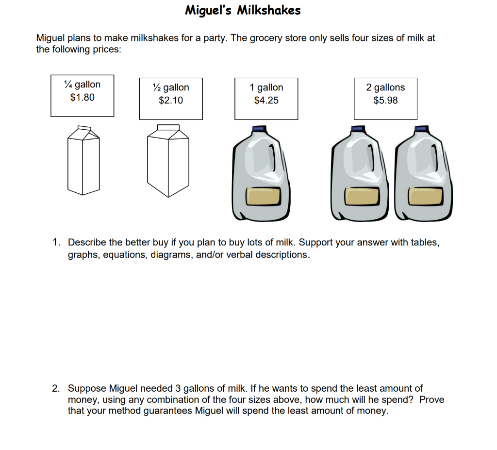 Solved Miguel's Milkshakes Miguel plans to make milkshakes | Chegg.com