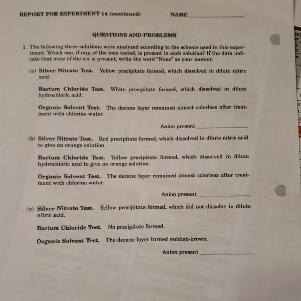 Solved REPORT FOR EXPERIMENT 14 (continued) NAME QUESTIONS | Chegg.com