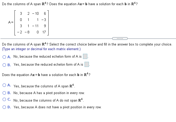 Solved Do the columns of A span R4? Does the equation Ax= b | Chegg.com