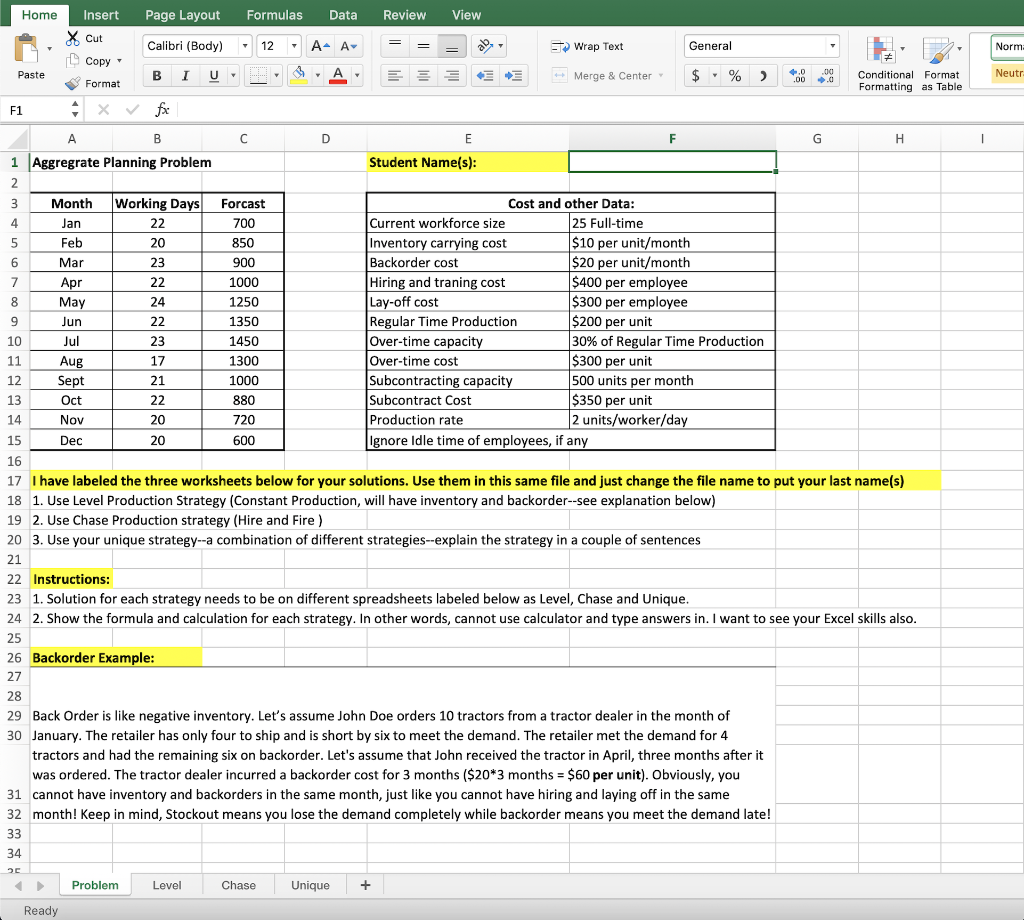 The Level, Chase and Unique Excel spreadsheets | Chegg.com