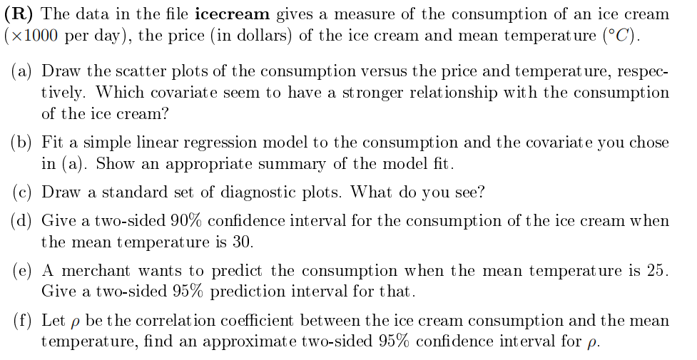Solved (R) The data in the file icecream gives a measure of | Chegg.com