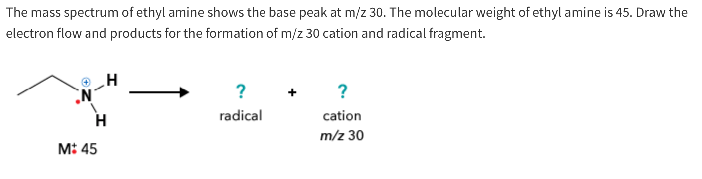 Solved The mass spectrum of ethyl amine shows the base peak | Chegg.com