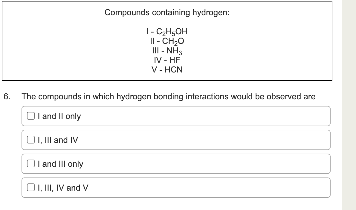 Solved Compounds containing hydrogen: | - C2H5OH 11 - CH20 | Chegg.com