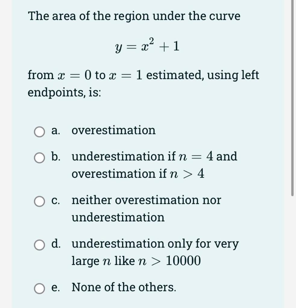 Solved The area of the region under the curve y=x2+1 from | Chegg.com