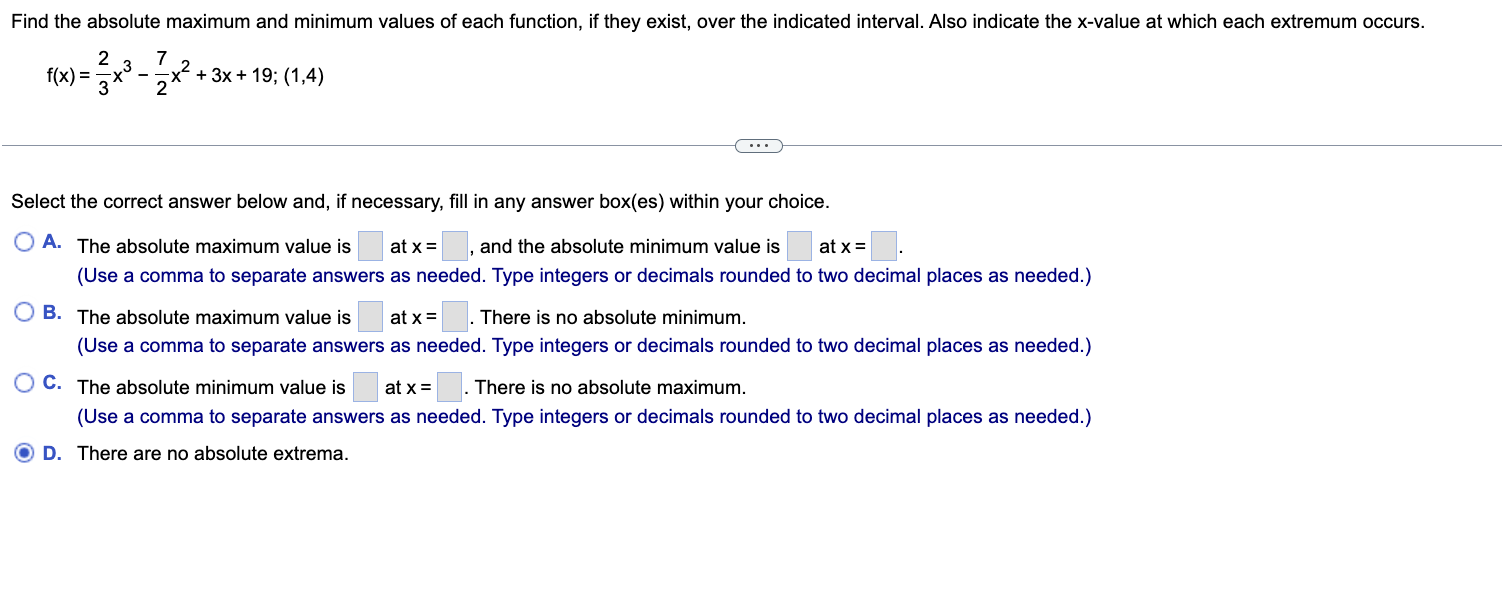 Solved Find the absolute maximum and minimum values of each | Chegg.com