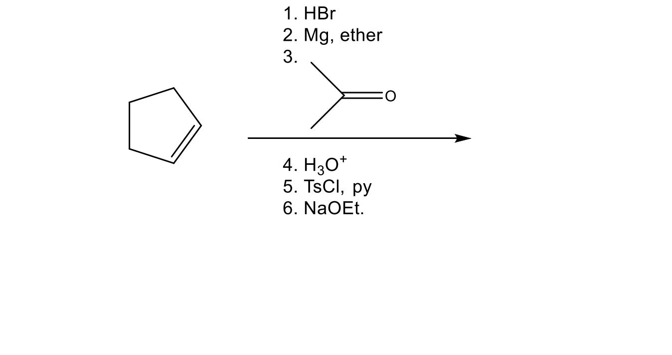 Solved 1. HBr 2. Mg, ether 3. 4. H3O+ 5. TsCl, py 6. NaOEt. | Chegg.com