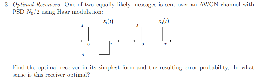 Solved Optimal Receivers: One of two equally likely messages | Chegg.com