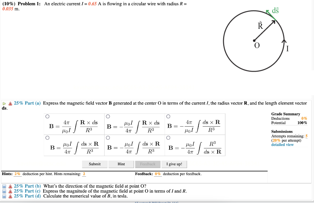 Solved (10\%) Problem 1: An electric current I=0.65 A is | Chegg.com
