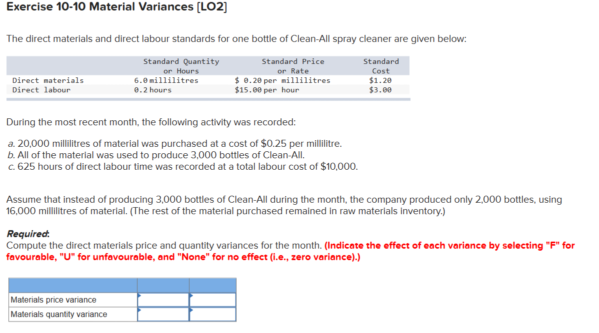 Solved Exercise 10-10 Material Variances [LO2] The direct | Chegg.com