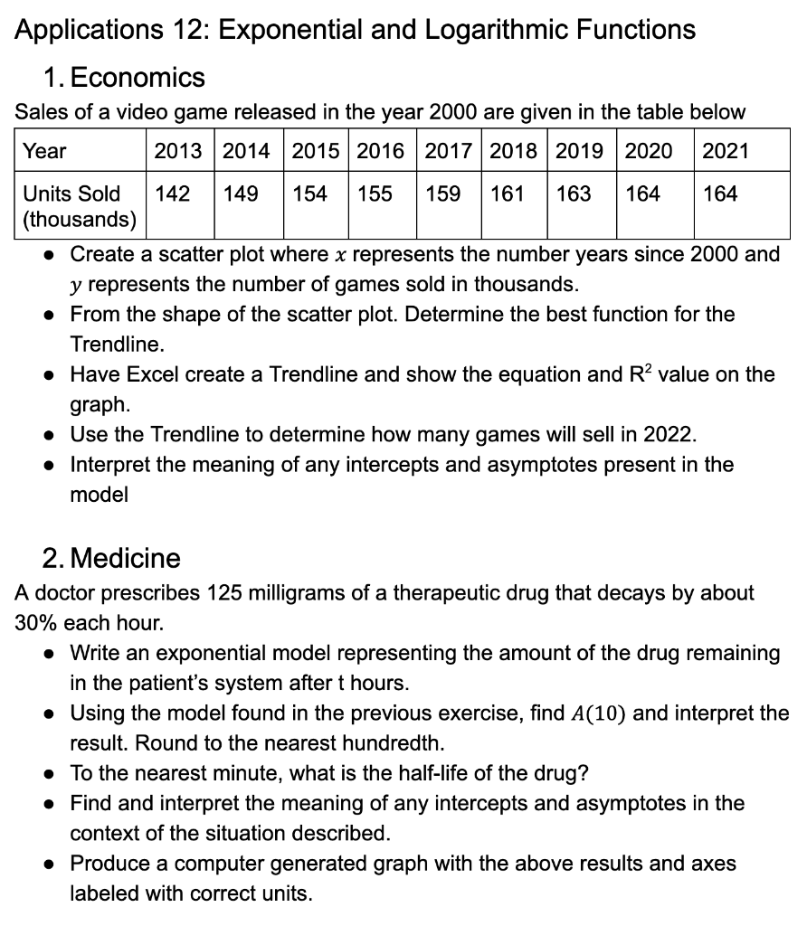 Solved Applications 12: Exponential and Logarithmic | Chegg.com
