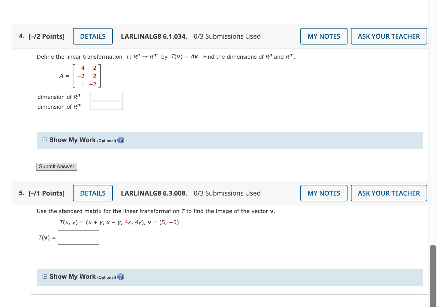 Solved Define the linear transformation T:Rn→Rm by T(v)=Av. | Chegg.com