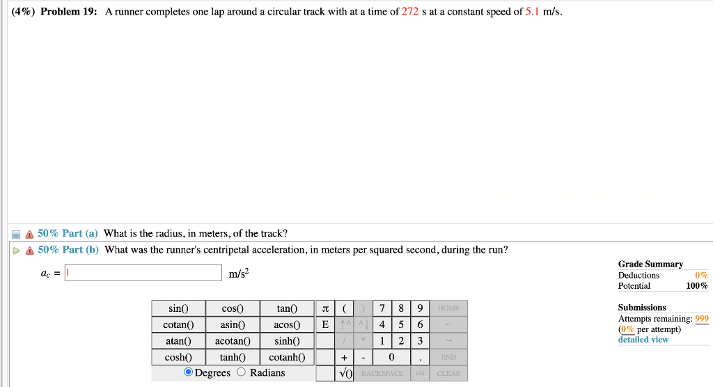 Solved (4\%) Problem 19: A runner completes one lap around a | Chegg.com