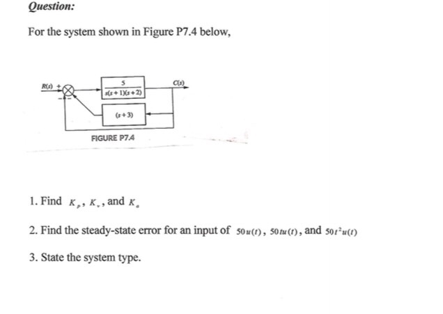 Solved For the system shown in Figure P7.4 below, Find K_p, | Chegg.com