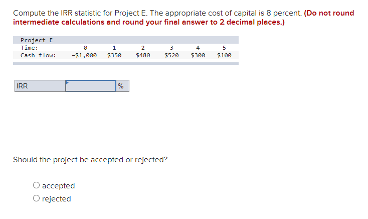Solved Compute the IRR statistic for Project E. The | Chegg.com