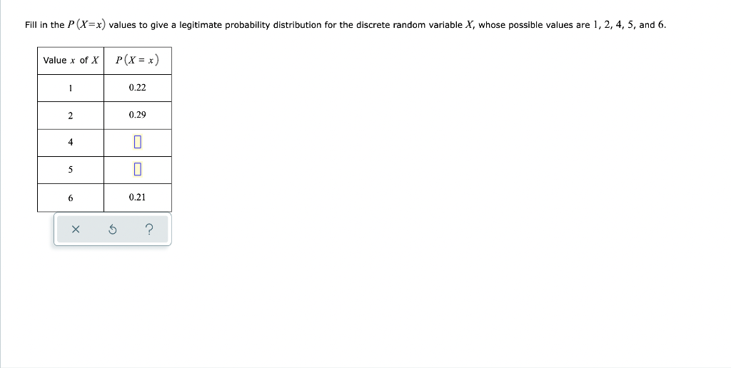 Solved Fill in the P(X=x) values to give a legitimate | Chegg.com