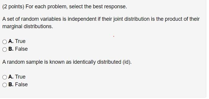 Solved (2 points) For each problem, select the best | Chegg.com