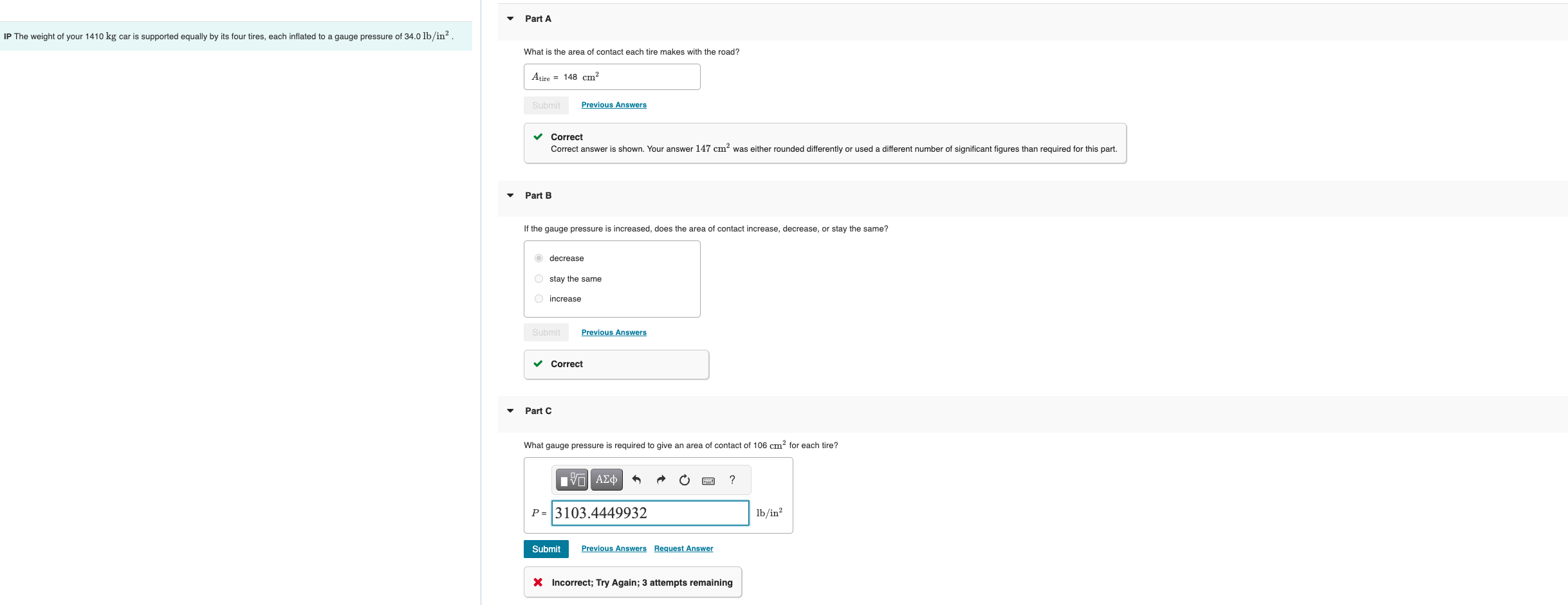 Solved IP The weight of your 1410 kg car is supported | Chegg.com
