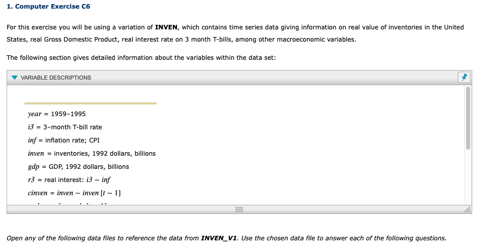 Solved 1. Computer Exercise C6 For this exercise you will be | Chegg.com