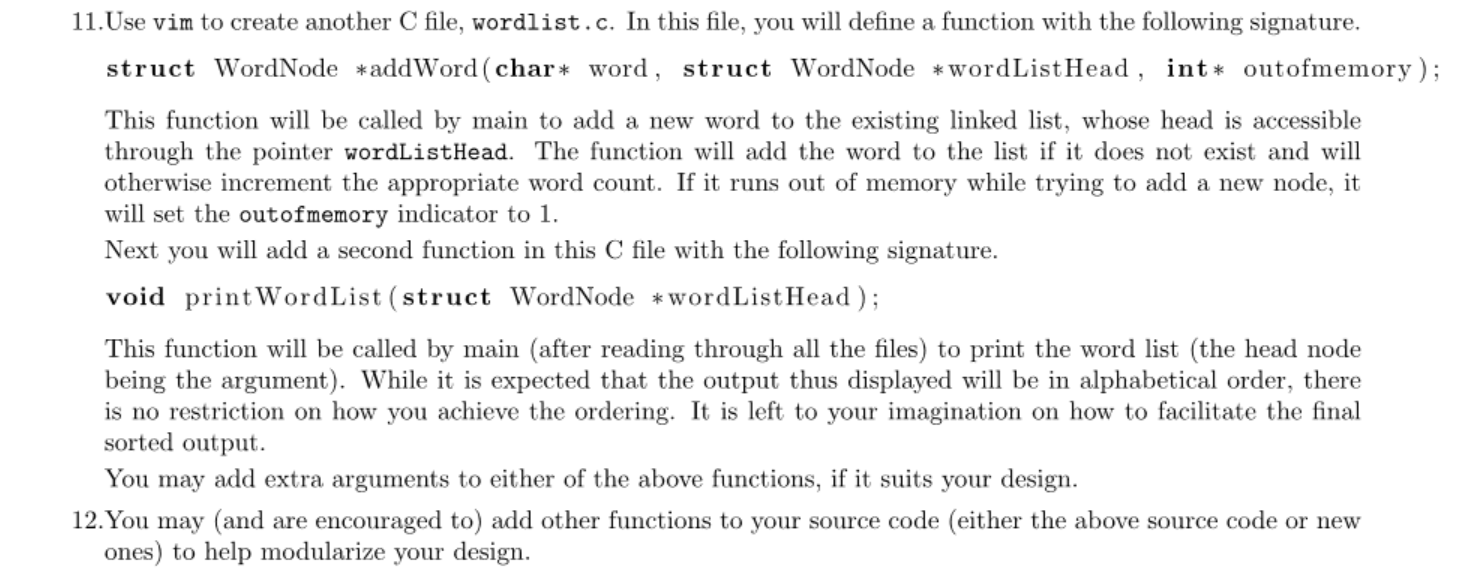 Solved 11. Use vim to create another C file, wordlist.c. In | Chegg.com