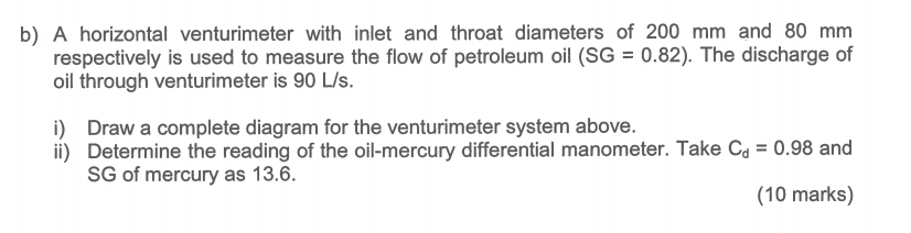 Solved b) A horizontal venturimeter with inlet and throat | Chegg.com