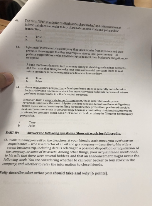 Solved 42. The term "IP0" stands for "Individual Purchase | Chegg.com