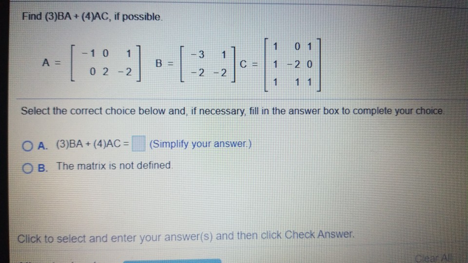 Solved Find (3)BA+ (4)AC, if possible. 0 1 ) Select the | Chegg.com
