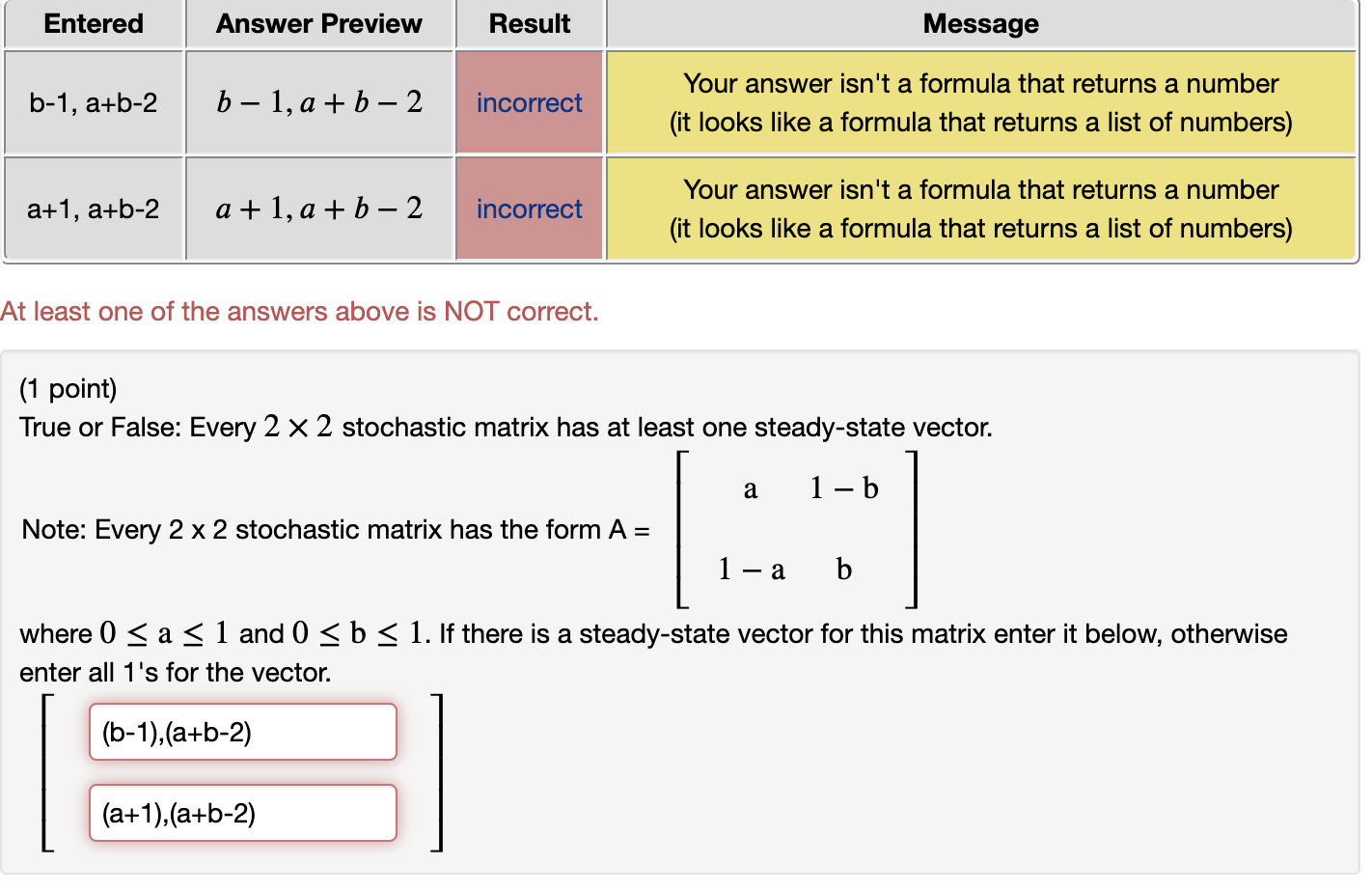 Solved Entered Answer Preview Result Message b-1, a+b-2 b – | Chegg.com