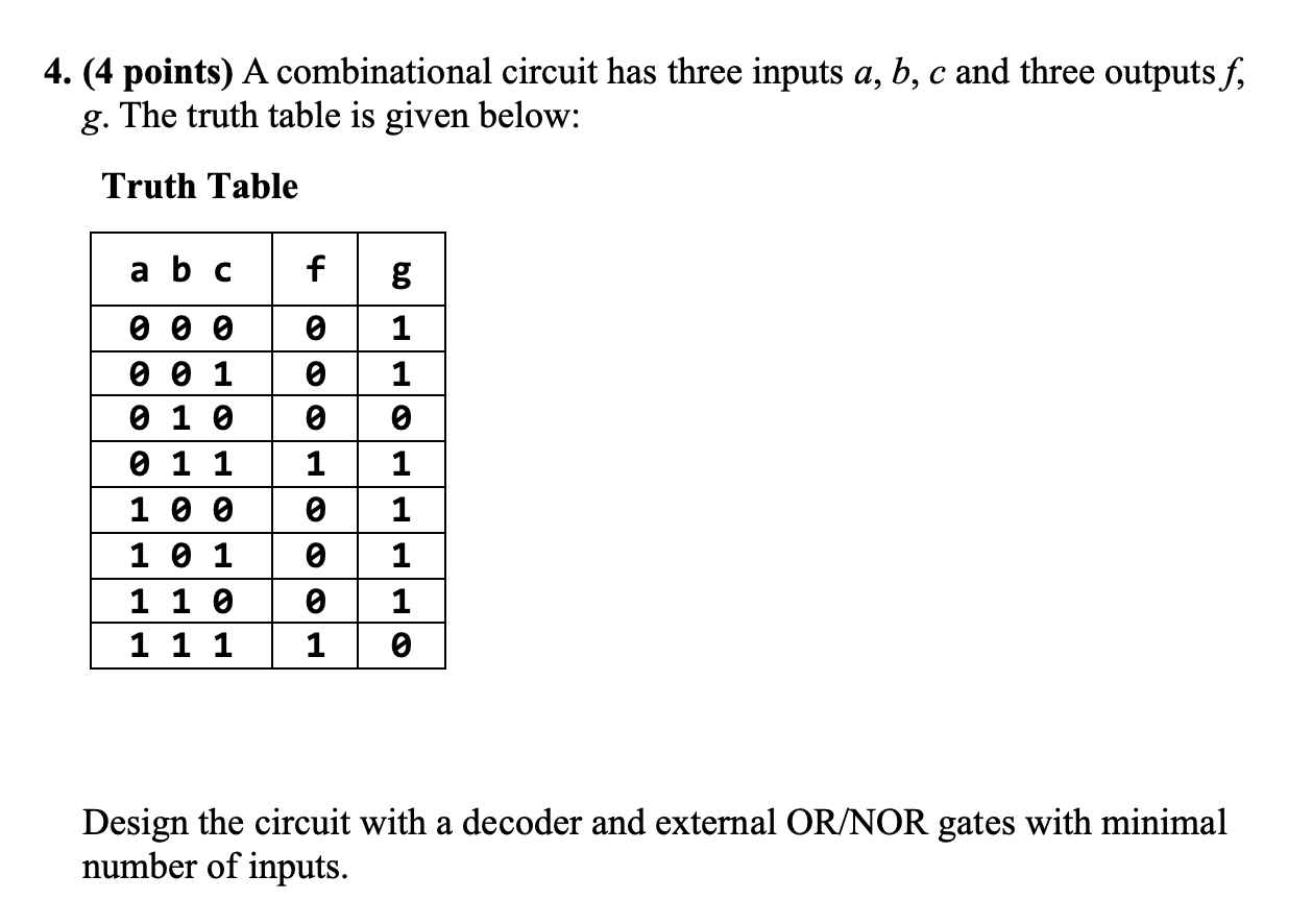 Solved 4. (4 points) A combinational circuit has three | Chegg.com
