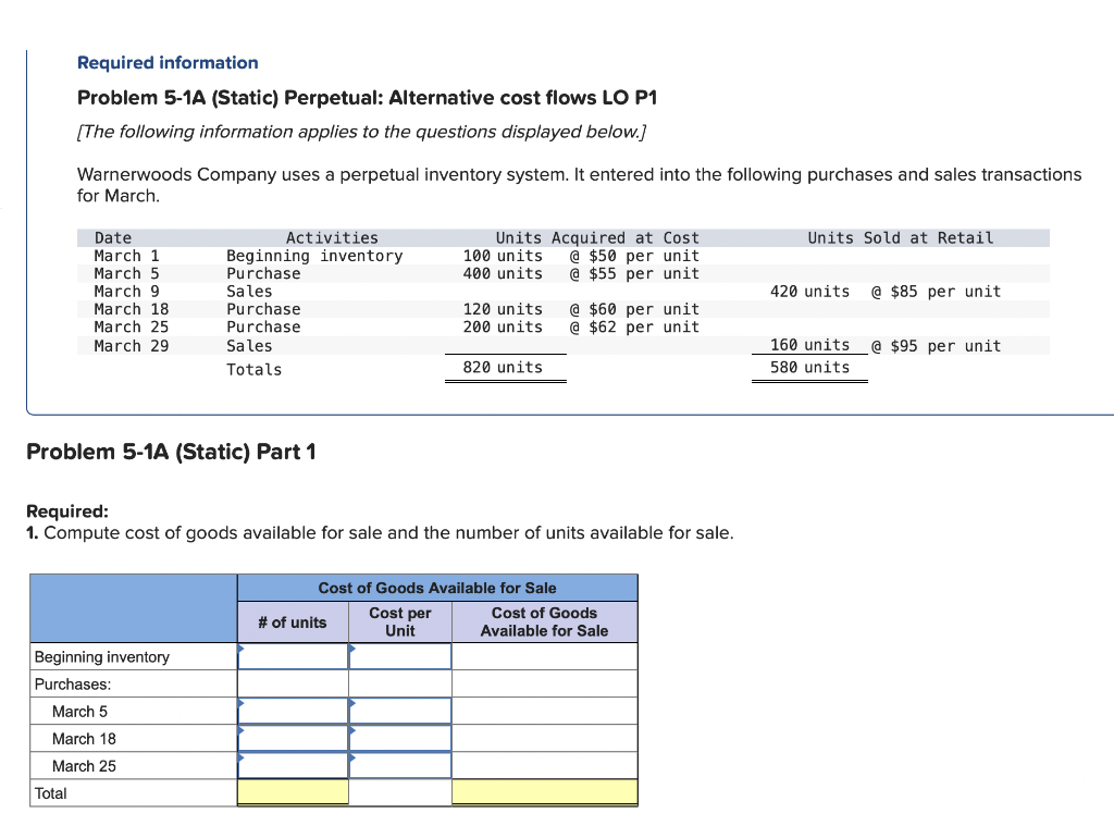 Solved Required information Problem 5-1A (Static) Perpetual: | Chegg.com Solved Required information Problem 5-1A (Static) Perpetual: | Chegg.com