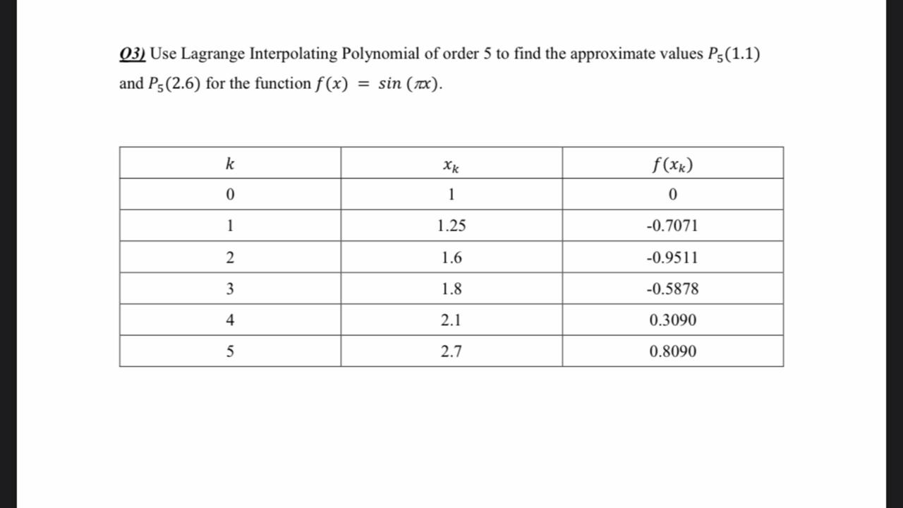 Solved 03) Use Lagrange Interpolating Polynomial of order 5 | Chegg.com
