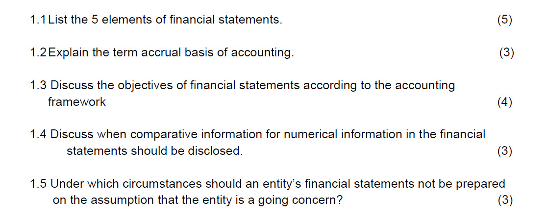 Solved 1. 1 List the 5 elements of financial statements. 1.2 | Chegg.com