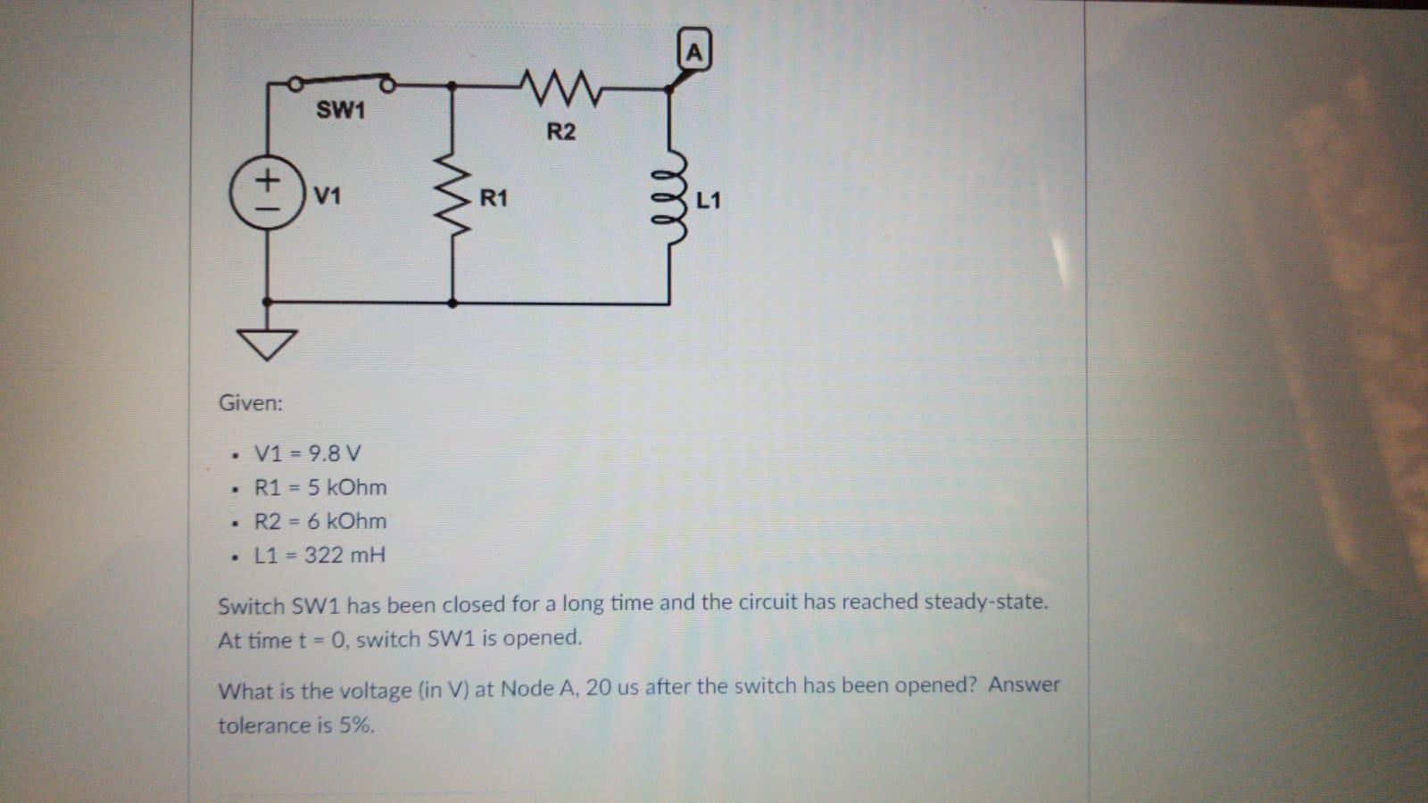 Solved A) SW1 R2 w +1 V1 R1 Given: • V1 = 9.8 V R1 = 5 kOhm | Chegg.com