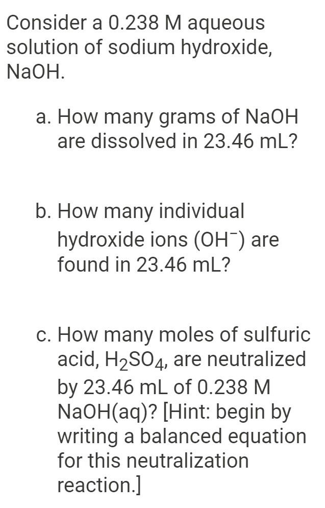 Solved Consider a 0.238 M aqueous solution of sodium | Chegg.com