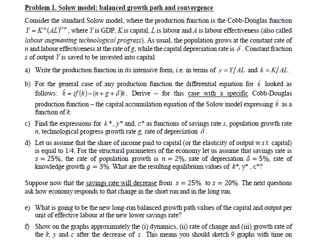 Problem 1. Solow model: balanced growth path and | Chegg.com