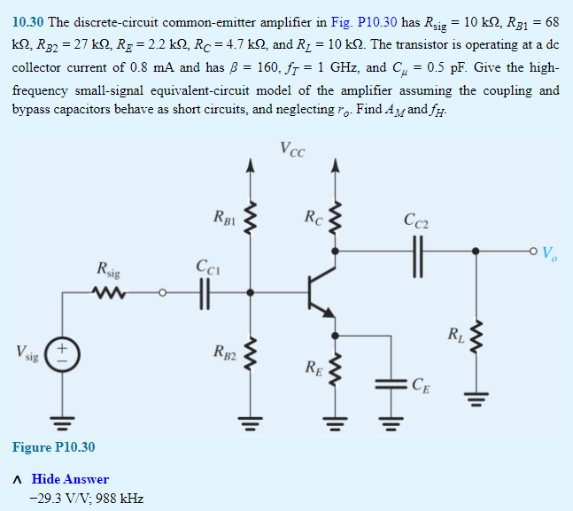 Solved 10.30 The discrete-circuit common-emitter amplifier | Chegg.com