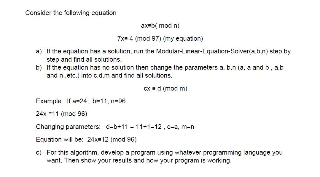 Solved Consider the following equation ax=b( mod n) 7x= 4 | Chegg.com