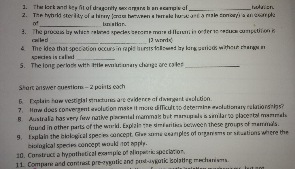 Solved 1. The lock and key fit of dragonfly sex organs is an | Chegg.com