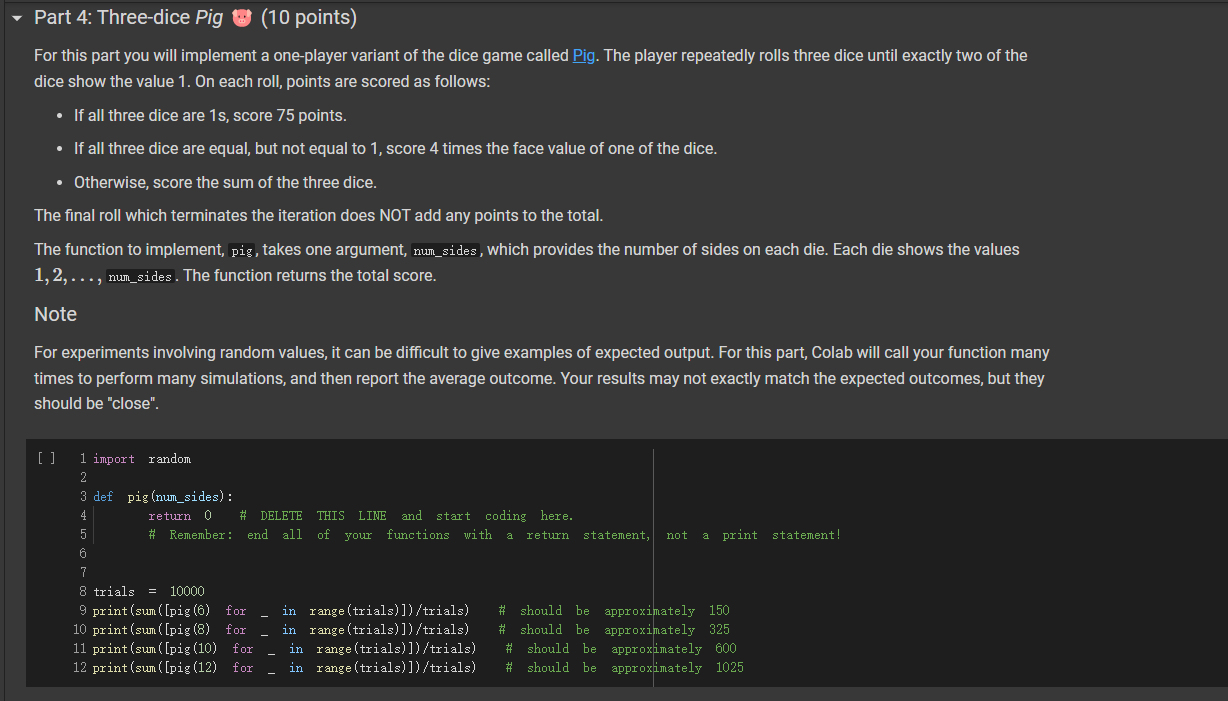 Solved Part 4: Three-dice Pig (10 points) For this part | Chegg.com