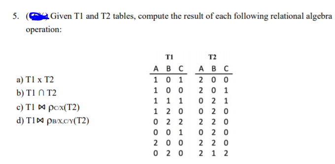 Solved 5. Given T1 and T2 tables, compute the result of each | Chegg.com