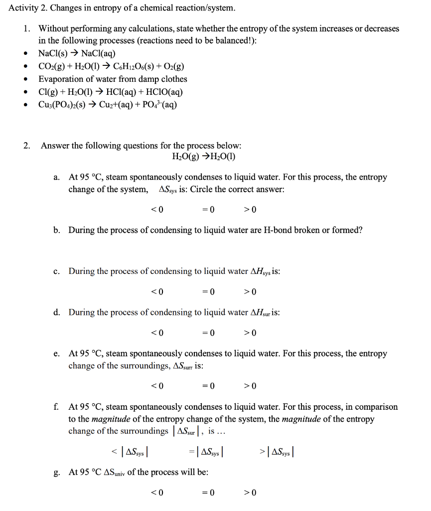 Solved Activity 2. Changes in entropy of a chemical | Chegg.com