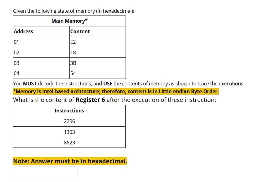 Solved Given The Following State Of Memory In Hexadecimal 