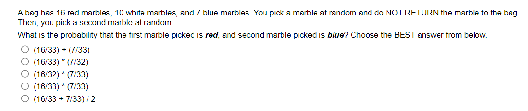 Solved A bag has 10 red marbles, 8 white marbles, and 13 | Chegg.com