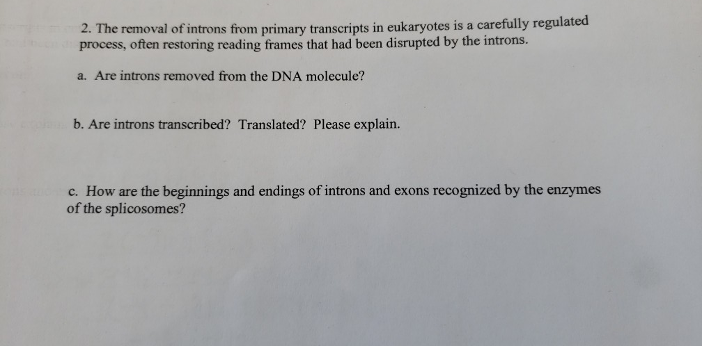 Solved 2. The removal of introns from primary transcripts in | Chegg.com