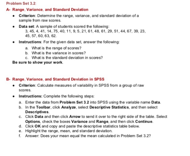 Solved Problem Set 3.2 A- Range, Variance, and Standard | Chegg.com