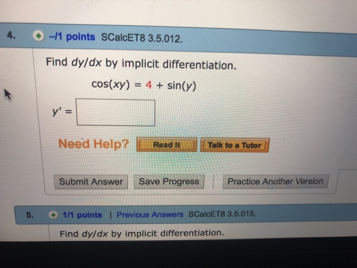 Solved 4. -11 points SCalcET8 3.5.012. Find dy/dx by | Chegg.com Solved 4. -11 points SCalcET8 3.5.012. Find dy/dx by | Chegg.com