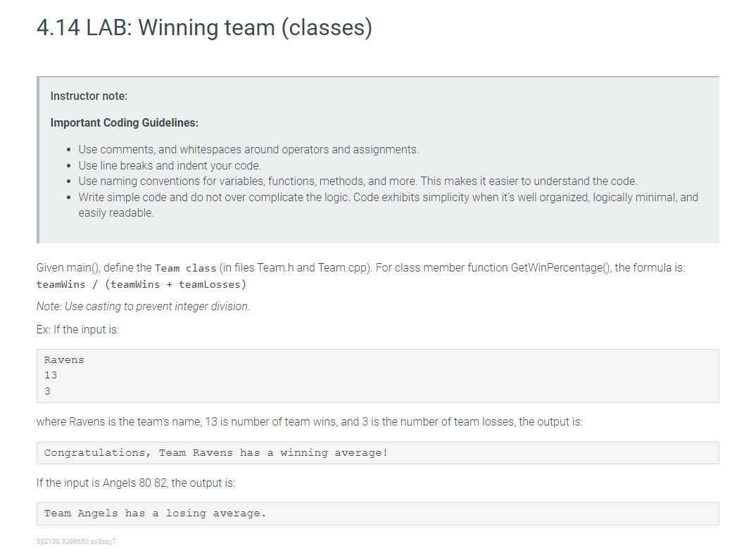 Solved 4.14 LAB: Winning team (classes) Instructor note: | Chegg.com