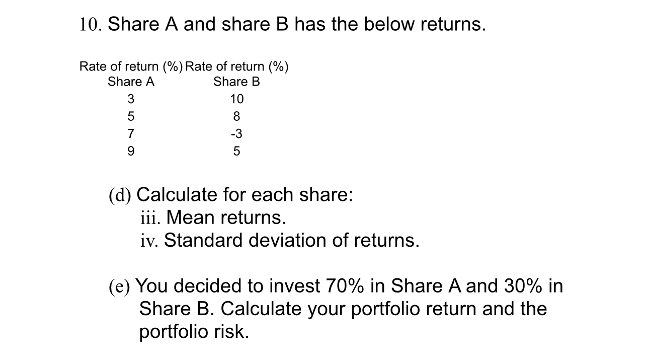 Solved 10. Share A and share B has the below returns. (d) | Chegg.com