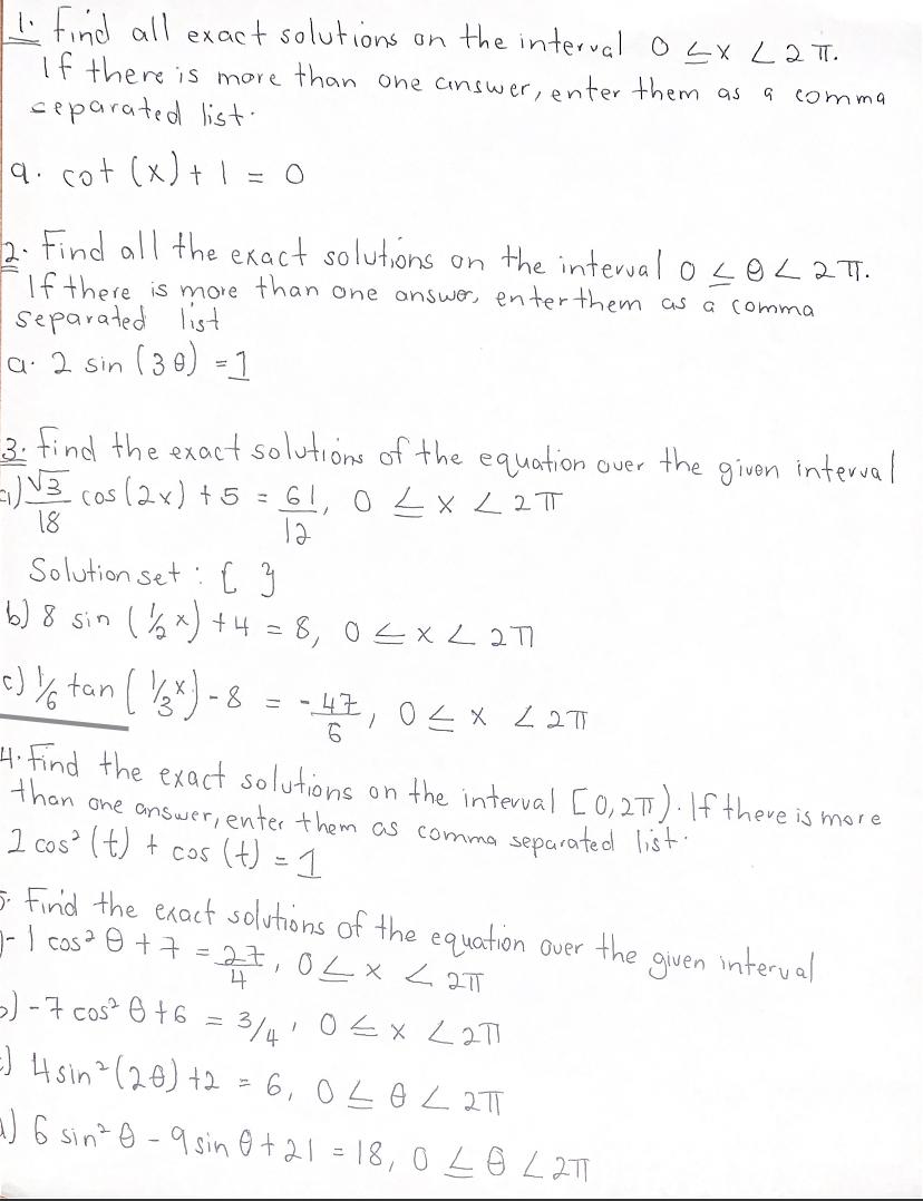 Solved 1. Find all exact solutions on the interval 0⩽x
