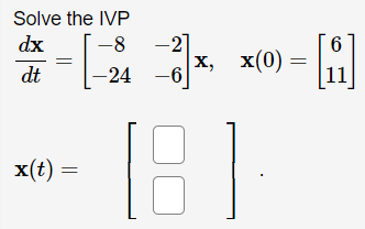 Solved Solve the IVP dtdx=[−8−24−2−6]x,x(0)=[611]x(t)=[] | Chegg.com