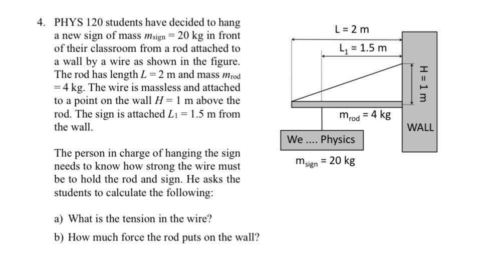 Solved PHYS 120 students have decided to hang a new sign of | Chegg.com